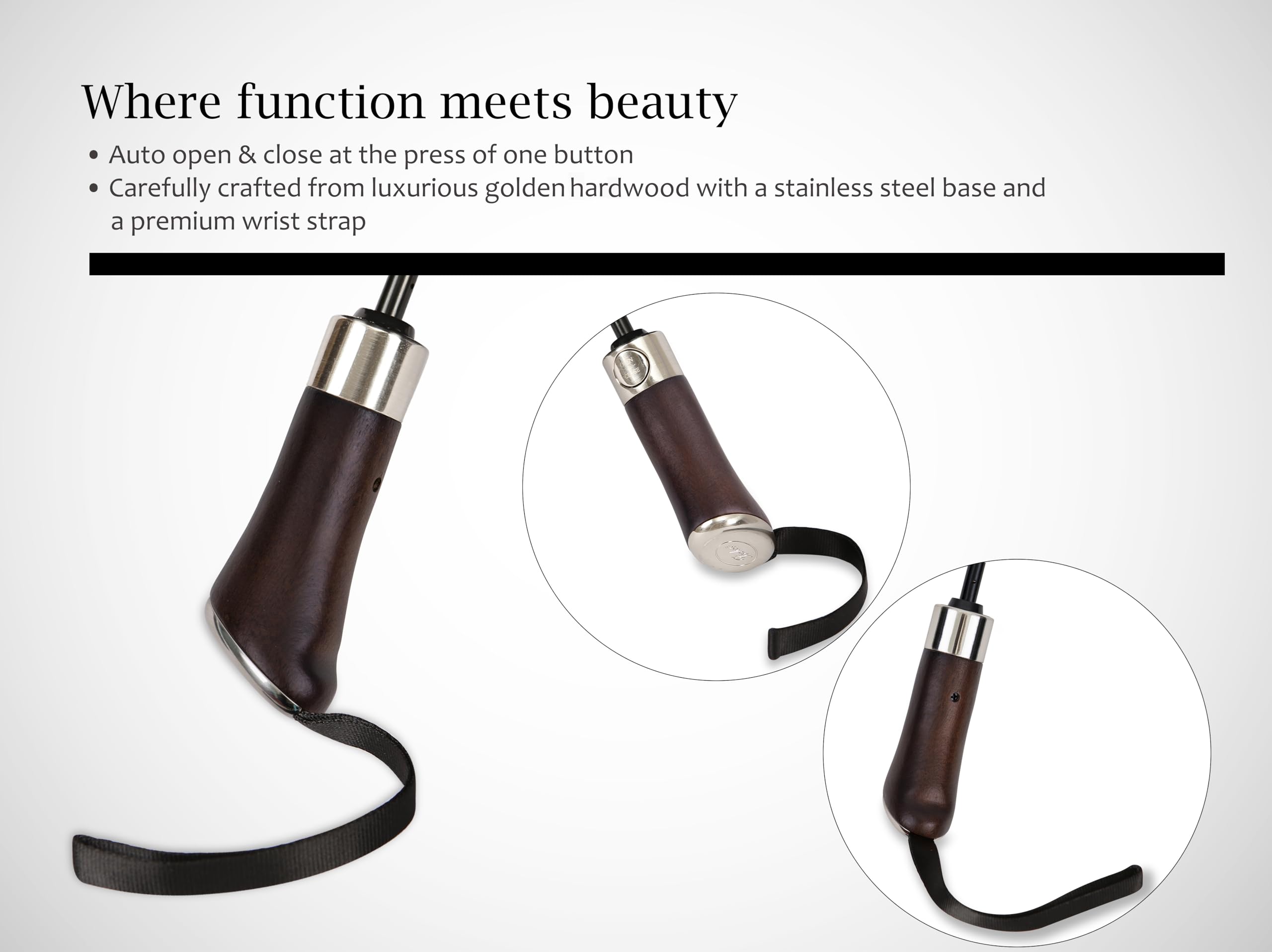 Balios (Designed in UK) Travel Umbrella Luxurious Golden Hardwood Handle Auto Open & Close Windproof Frame Single Canopy Automatic Folding Umbrella Men's & Ladies (Jet Black)