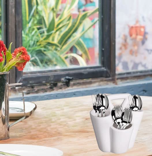 Farmhouse Decor 4 Section Ceramic Silverware Holder - Flatware and Cutlery Caddy - Kitchen Table Organizer (White)