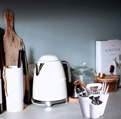 Farmhouse Decor 4 Section Ceramic Silverware Holder - Flatware and Cutlery Caddy - Kitchen Table Organizer (White)