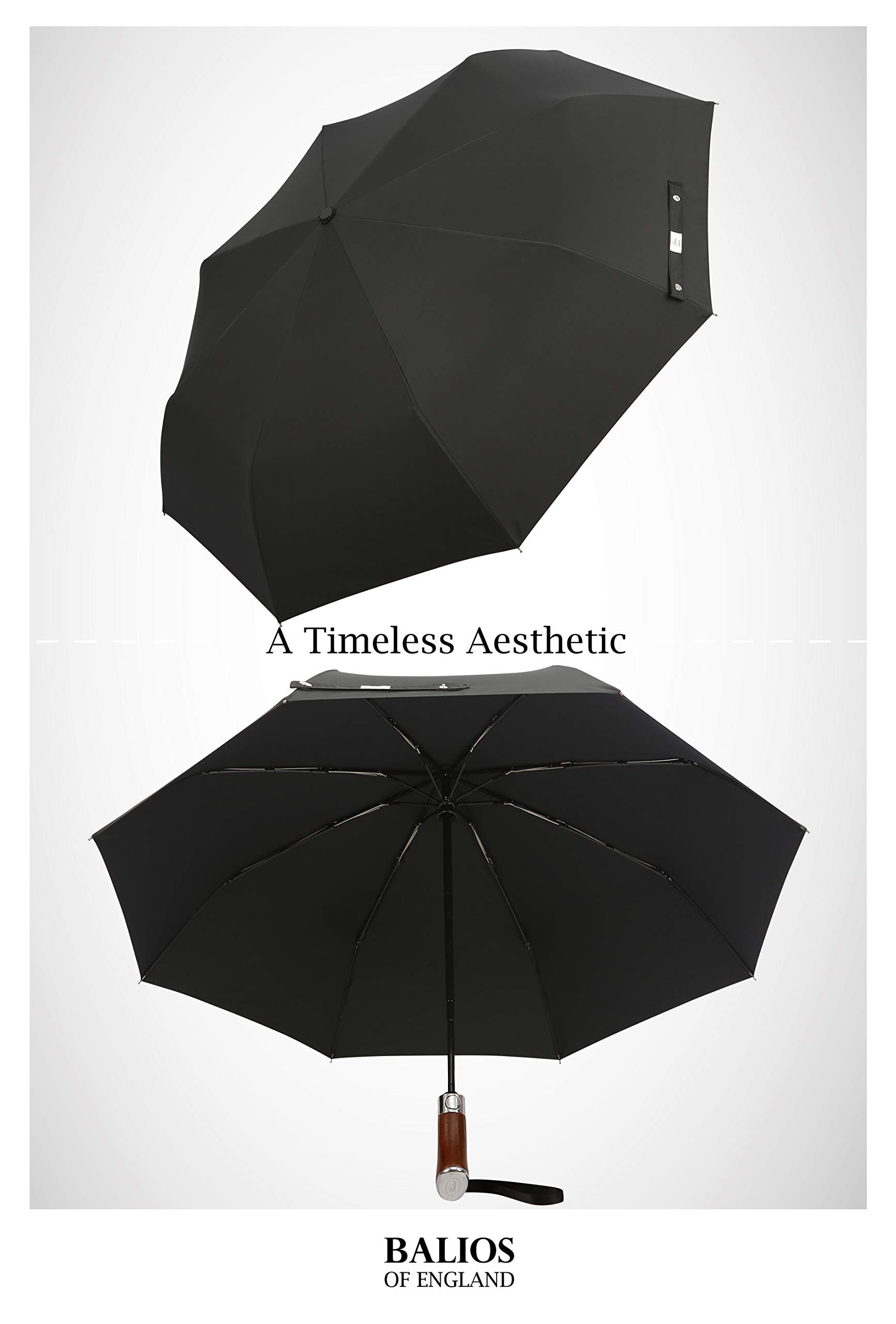 Balios (Designed in UK) Travel Umbrella Luxurious Golden Hardwood Handle Auto Open & Close Windproof Frame Single Canopy Automatic Folding Umbrella Men's & Ladies (Jet Black)