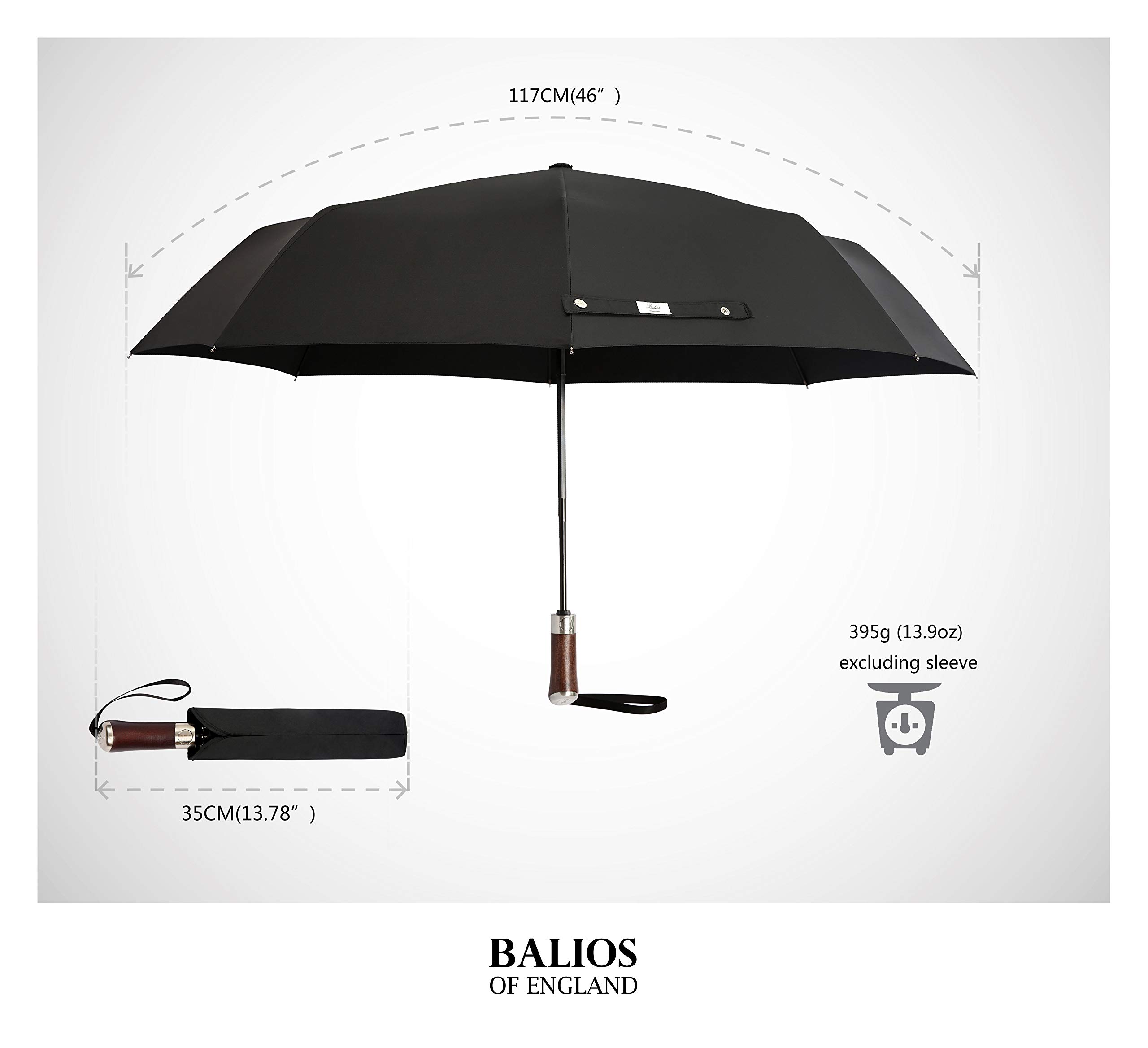 Balios (Designed in UK) Travel Umbrella Luxurious Golden Hardwood Handle Auto Open & Close Windproof Frame Single Canopy Automatic Folding Umbrella Men's & Ladies (Jet Black)