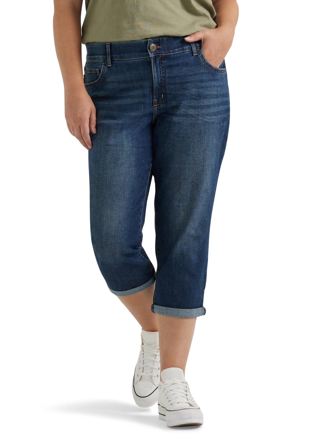 Lee Women's Plus Size Flex Motion Regular Fit 5 Pocket Capri Jean, Bewitched, 14 W