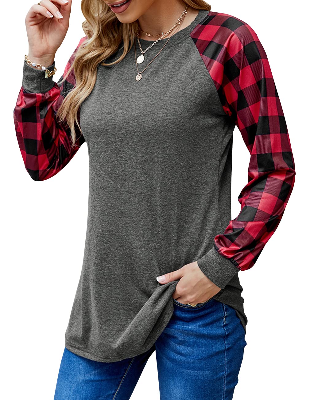 Miskely Women's Casual Color Block Long Sleeve Pullover Blouse With Pocket Loose Lightweight Tunic Tops Sweatshirt (XX-Large, A Grey Red Sleeve)