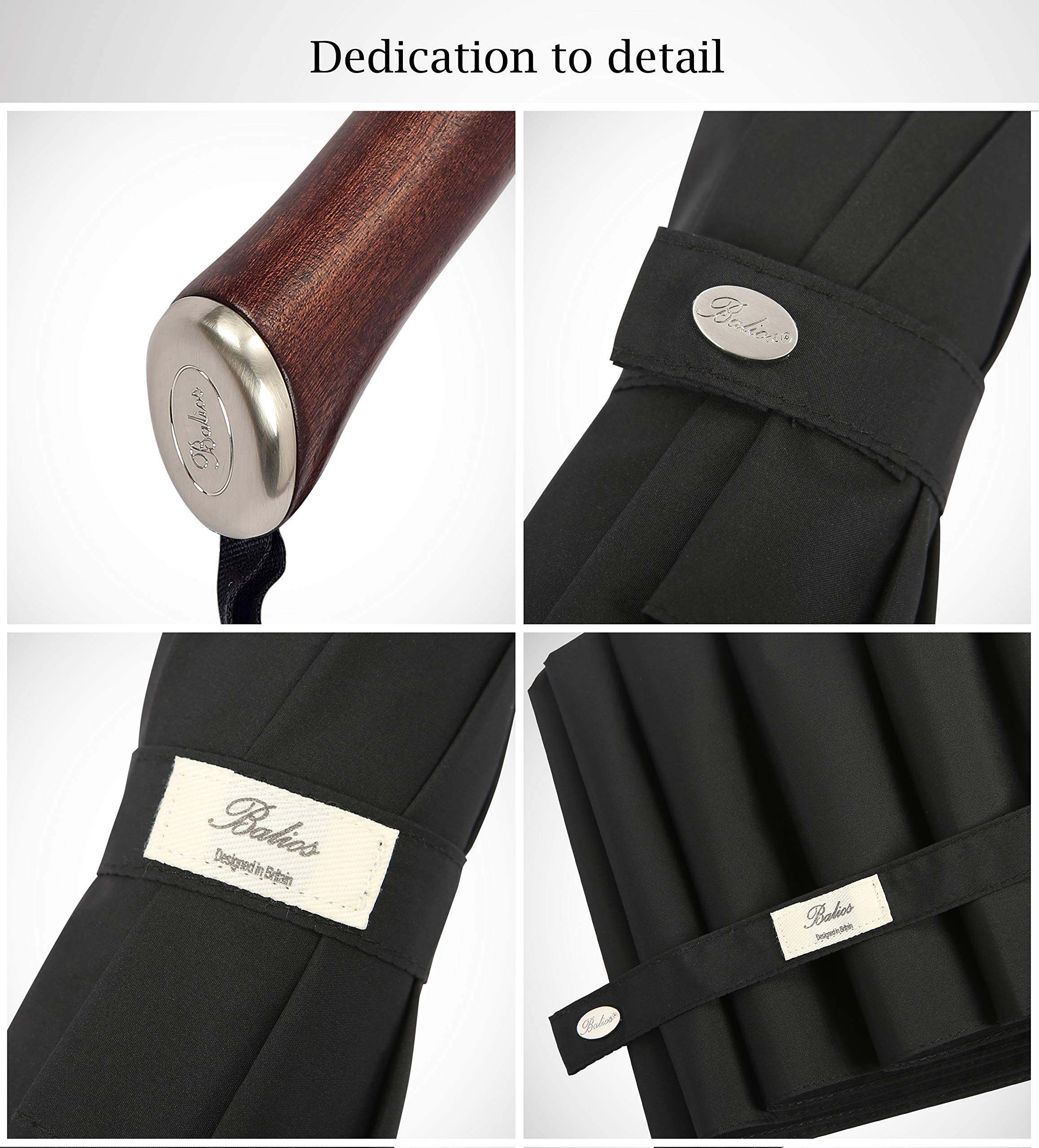 Balios (Designed in UK) Travel Umbrella Luxurious Golden Hardwood Handle Auto Open & Close Windproof Frame Single Canopy Automatic Folding Umbrella Men's & Ladies (Jet Black)