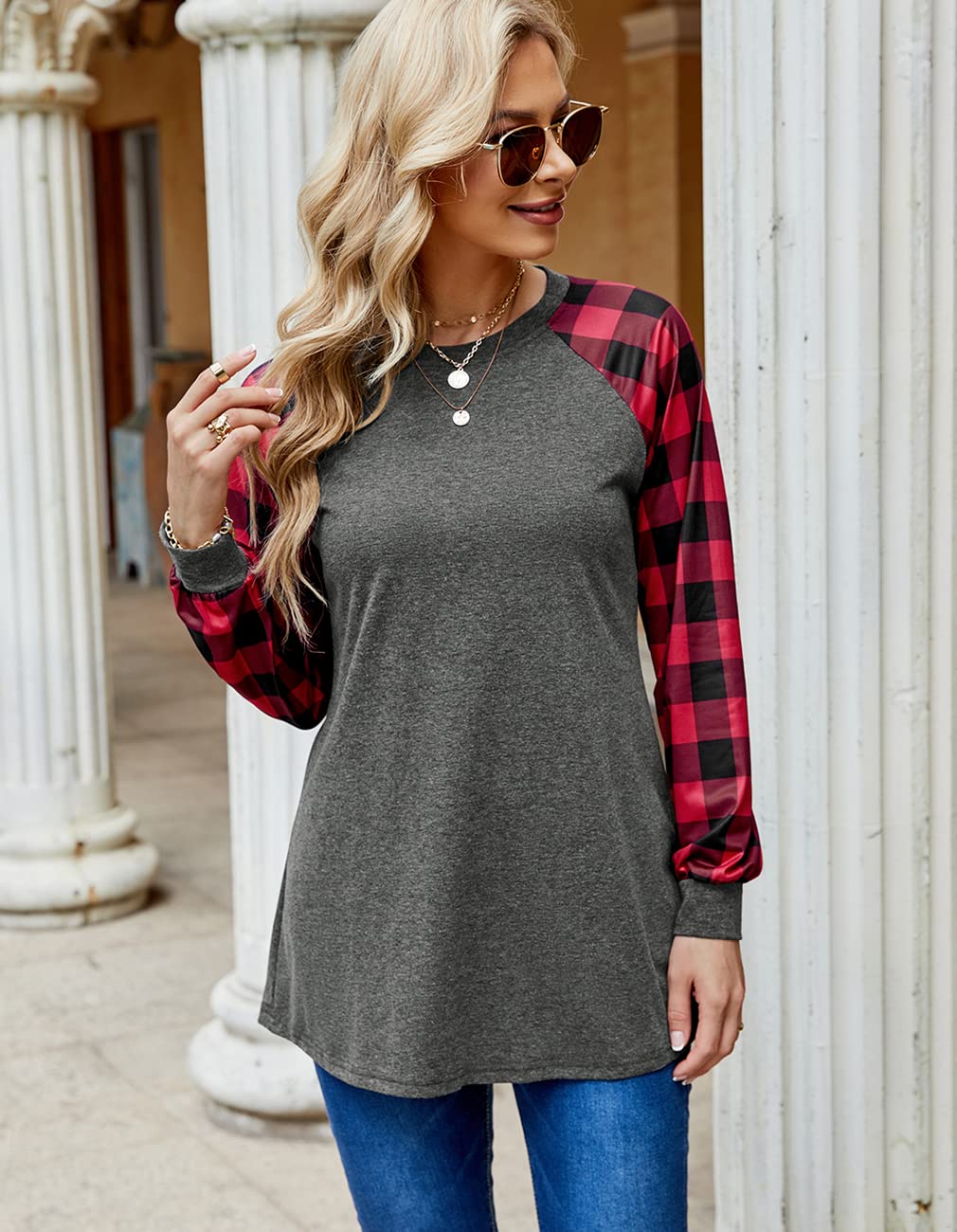 Miskely Women's Casual Color Block Long Sleeve Pullover Blouse With Pocket Loose Lightweight Tunic Tops Sweatshirt (XX-Large, A Grey Red Sleeve)