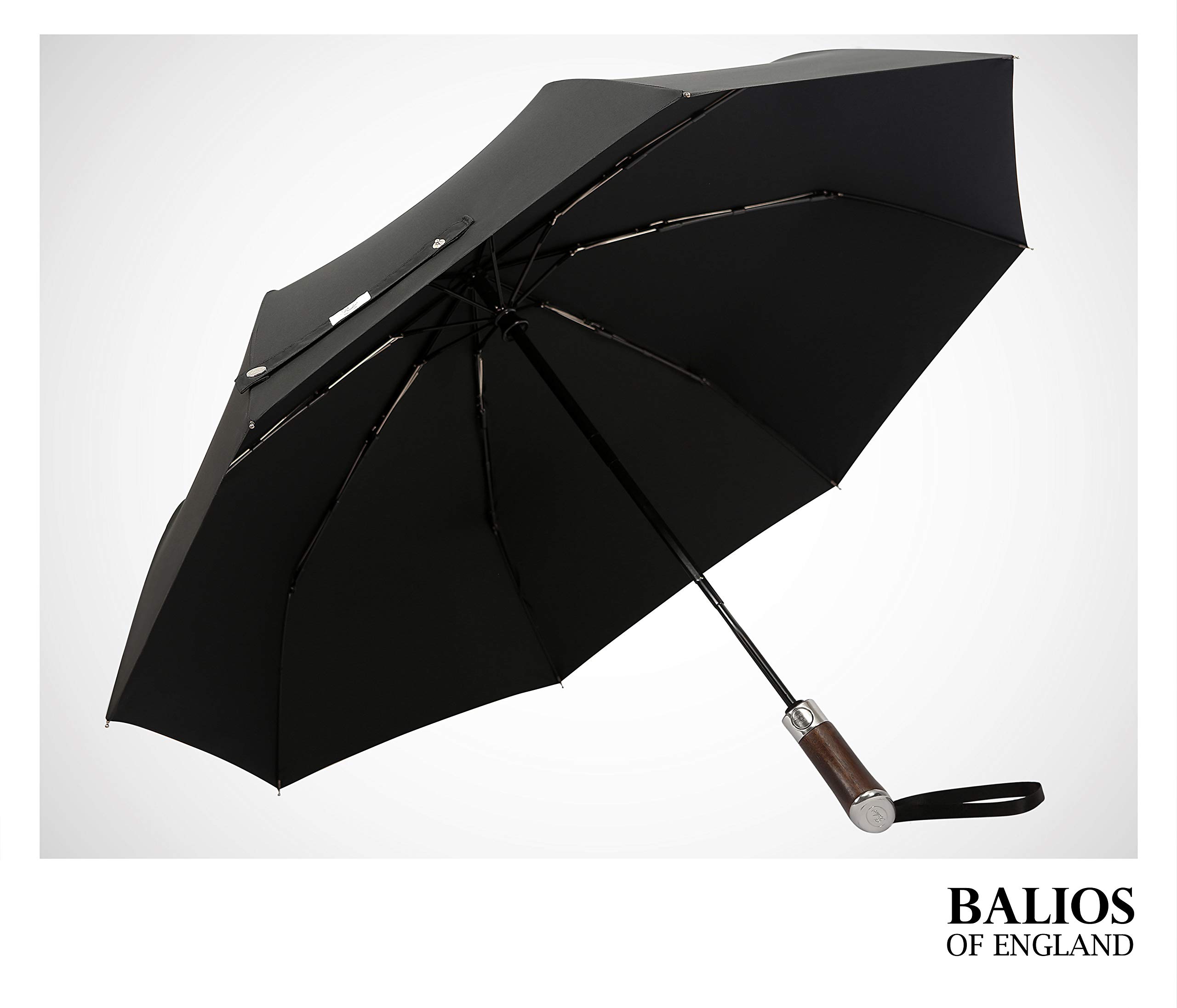 Balios (Designed in UK) Travel Umbrella Luxurious Golden Hardwood Handle Auto Open & Close Windproof Frame Single Canopy Automatic Folding Umbrella Men's & Ladies (Jet Black)