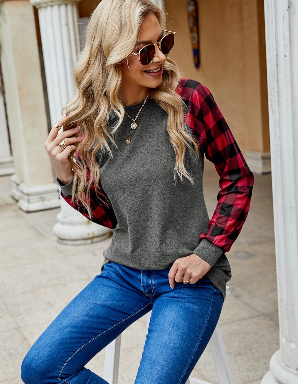 Miskely Women's Casual Color Block Long Sleeve Pullover Blouse With Pocket Loose Lightweight Tunic Tops Sweatshirt (XX-Large, A Grey Red Sleeve)