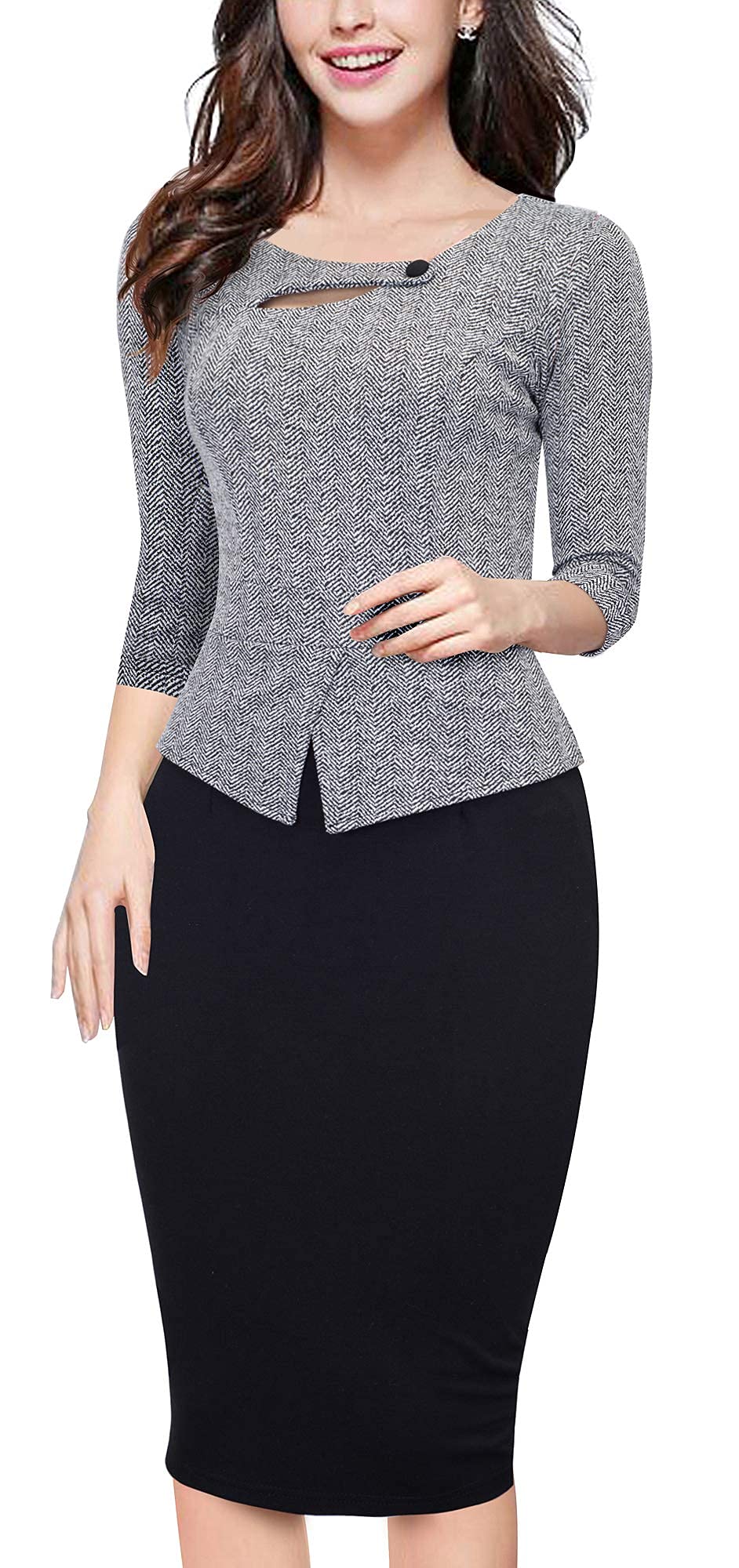 HOMEYEE Women's Elegant Chic Bodycon Formal Dress B288(L, Gray Pattern+Black)