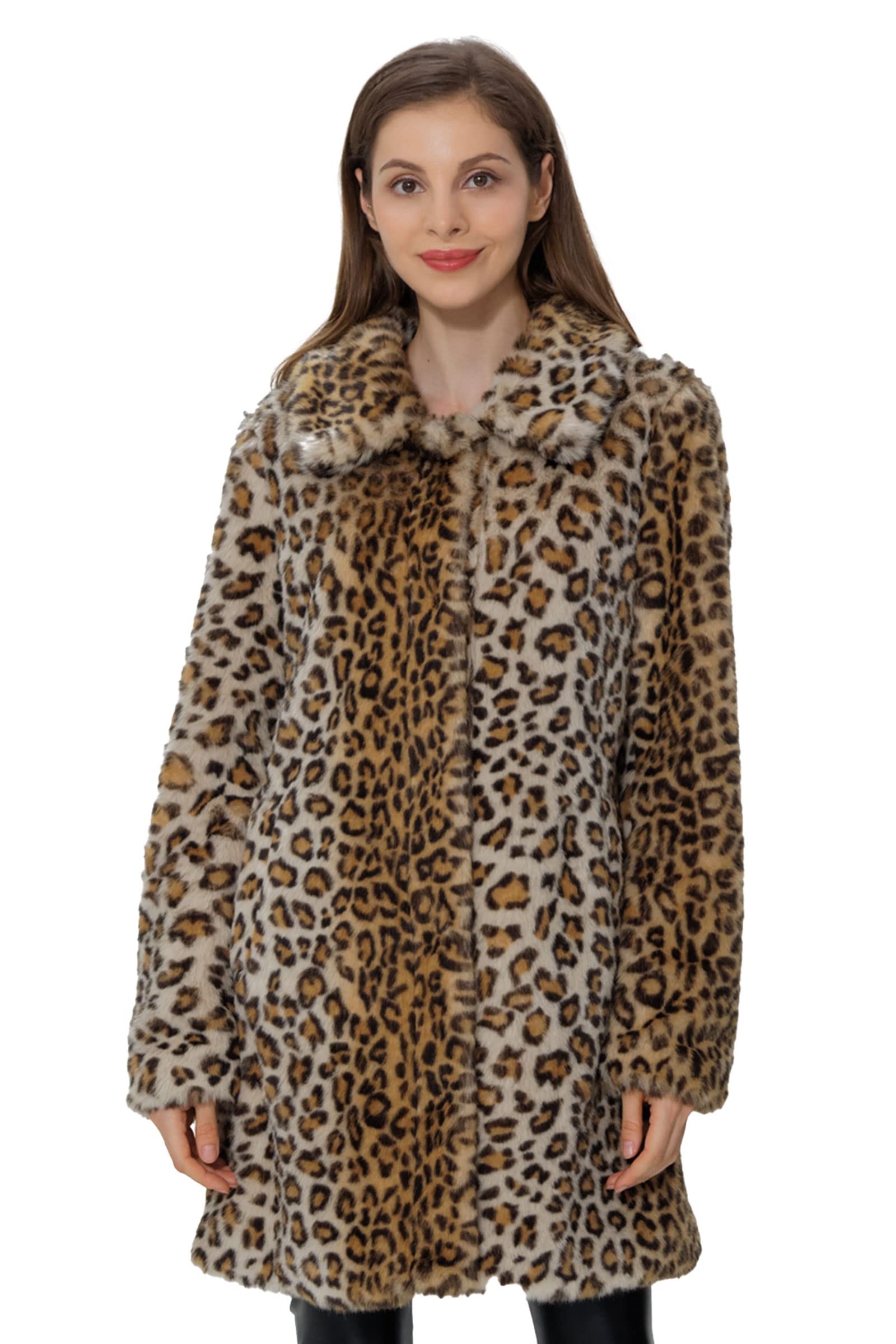 Bellivera Faux Fur Jacket Coat Womens Leopard Jacket Long Sleeve Winter Warm Fluffy Parka Overcoat Outwear Tops 18125 Leopard M