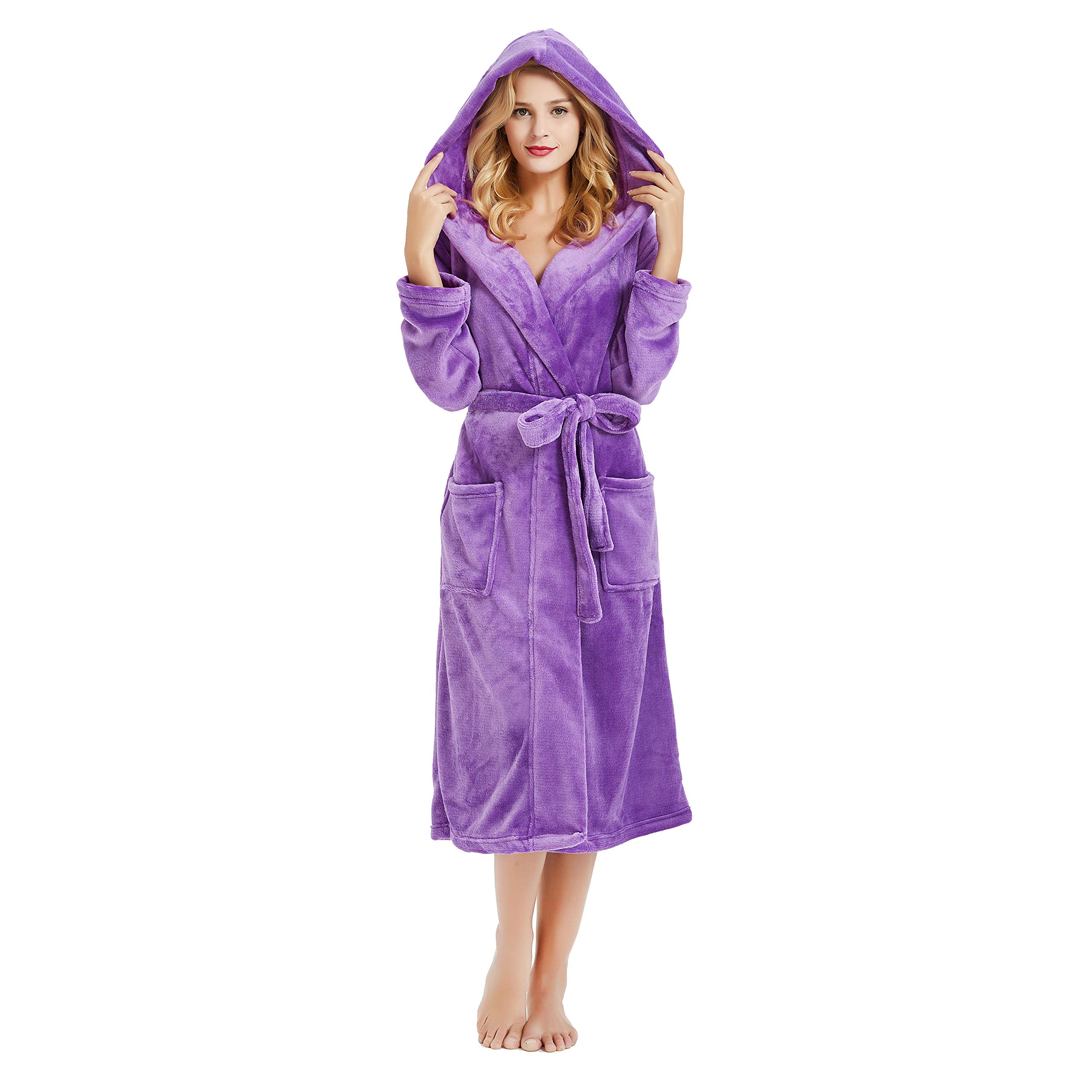 HEARTNICE Womens Hooded Fleece Robe, Soft Plush Bathrobe for Womens, Fluffy Cute Long House Coat (Violet Hooded, S/M)