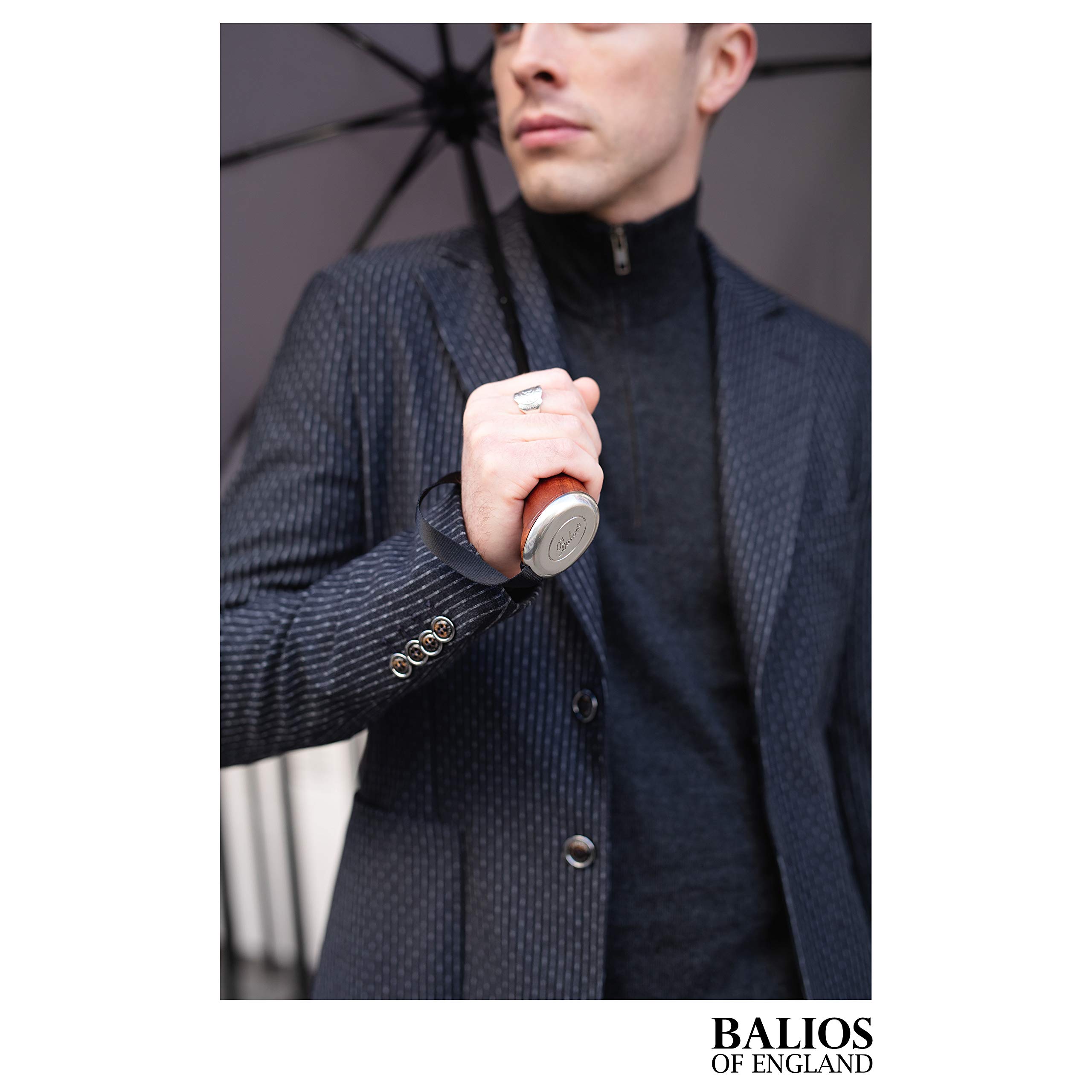 Balios (Designed in UK) Travel Umbrella Luxurious Golden Hardwood Handle Auto Open & Close Windproof Frame Single Canopy Automatic Folding Umbrella Men's & Ladies (Jet Black)
