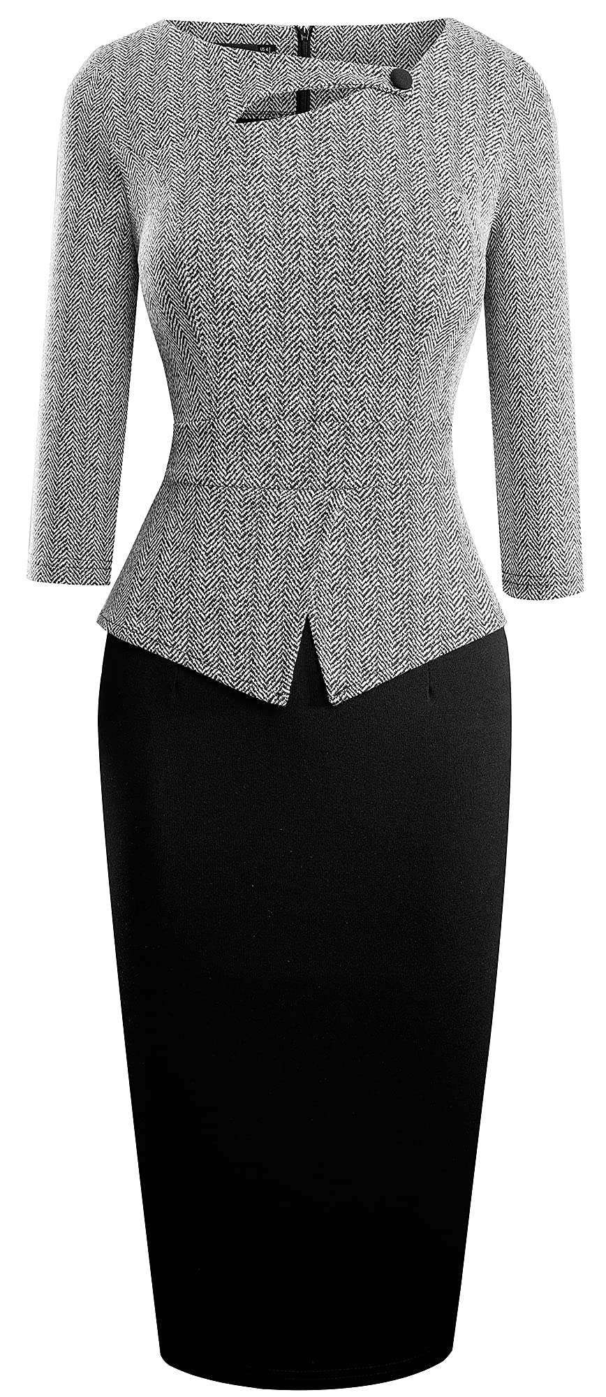 HOMEYEE Women's Elegant Chic Bodycon Formal Dress B288(L, Gray Pattern+Black)