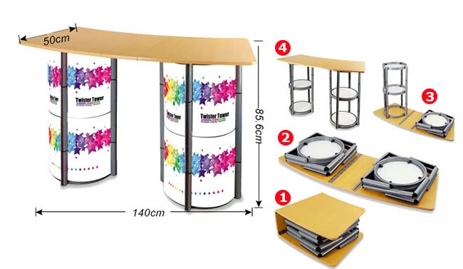 QOMOLANGMA 3-Layer Spiral Twister Tower Portable Counter Display Stand Exhibition Counter Stand Trade Show Display with Columns Banner (White, Graphic Included)