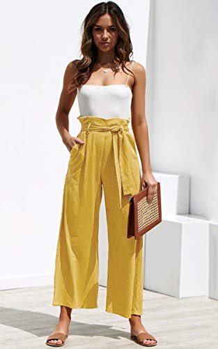 ECOWISH Palazzo Pants for Women: Wide Leg Flowy Polka Dot Work Pants Pockets High Waist Business Belt Striped Trousers Loose Yellow Medium