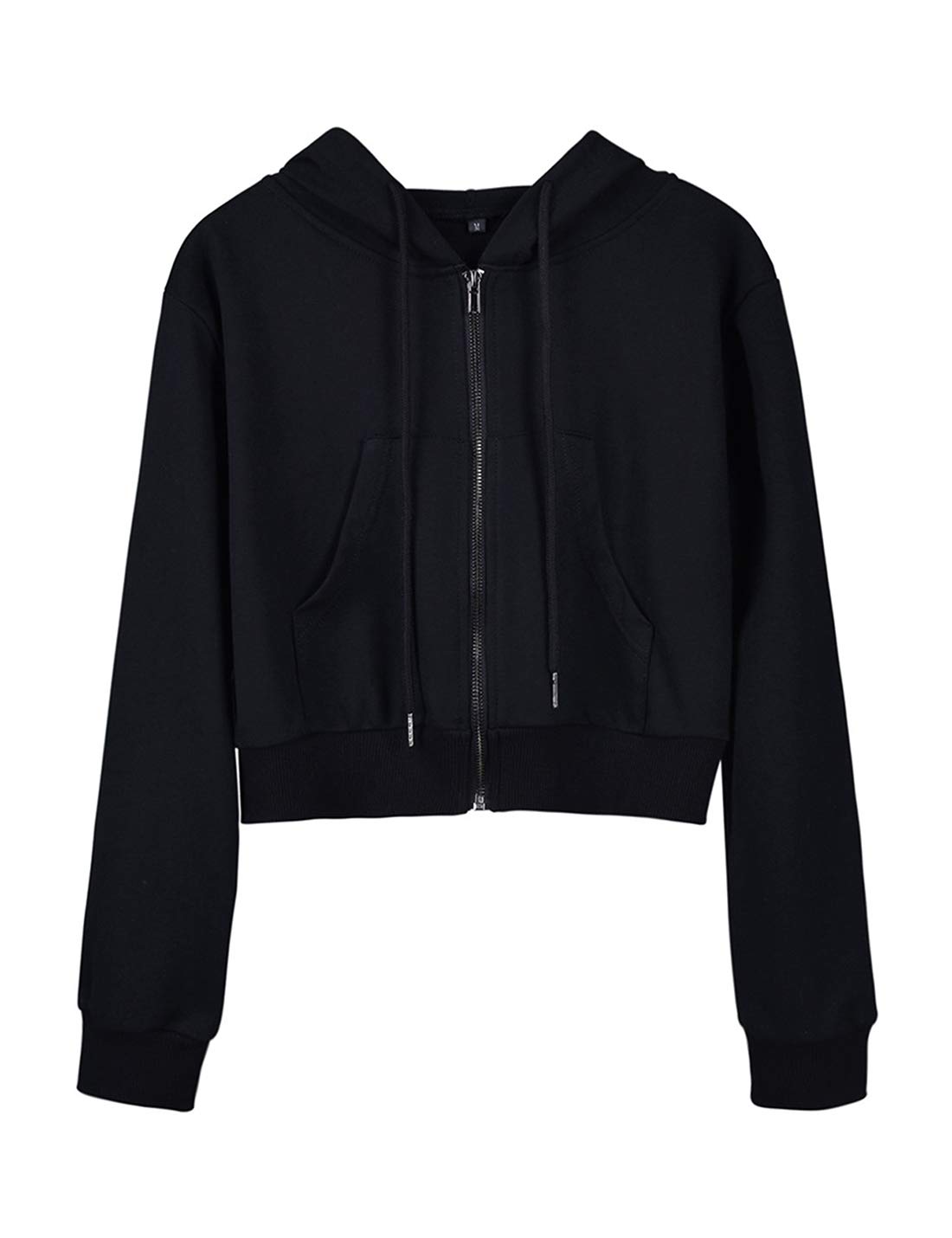 Yimoon Zip Up Hoodie Women Cropped Casual Sweatshirts Workout Long Sleeve Drawstring Hooded Jacket Crop Tops (Black, X-Small)
