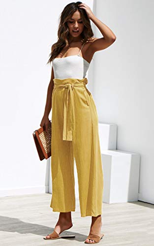 ECOWISH Palazzo Pants for Women: Wide Leg Flowy Polka Dot Work Pants Pockets High Waist Business Belt Striped Trousers Loose Yellow Medium