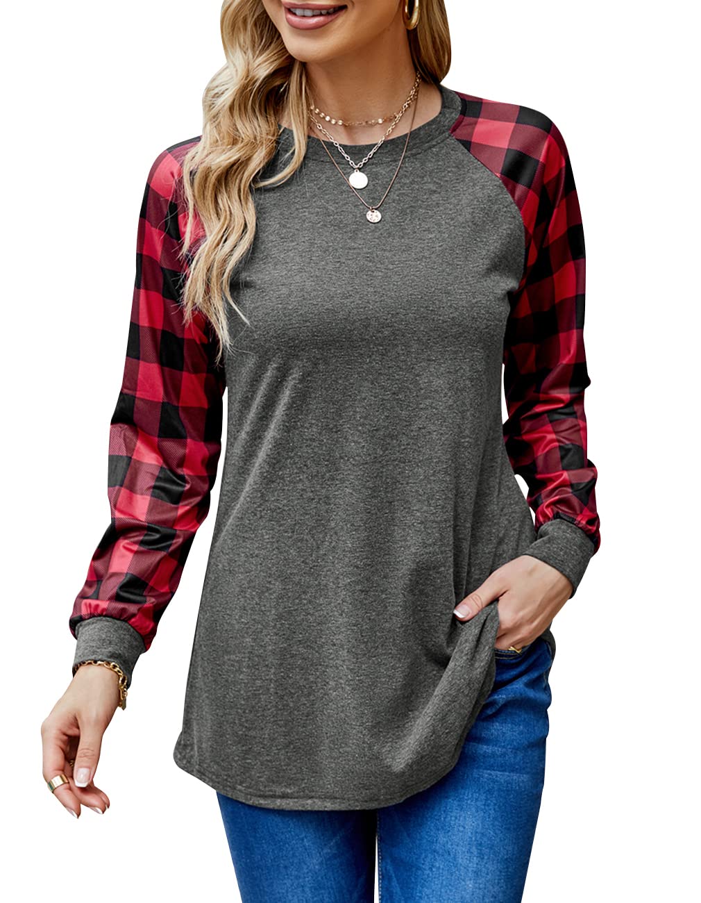 Miskely Women's Casual Color Block Long Sleeve Pullover Blouse With Pocket Loose Lightweight Tunic Tops Sweatshirt (XX-Large, A Grey Red Sleeve)