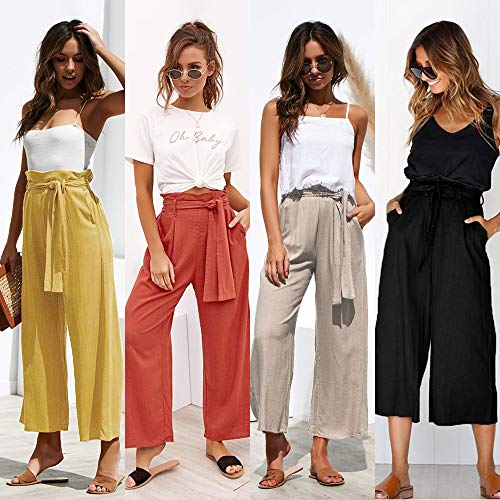 ECOWISH Palazzo Pants for Women: Wide Leg Flowy Polka Dot Work Pants Pockets High Waist Business Belt Striped Trousers Loose Yellow Medium