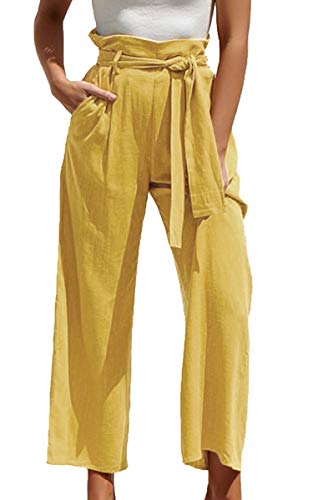 ECOWISH Palazzo Pants for Women: Wide Leg Flowy Polka Dot Work Pants Pockets High Waist Business Belt Striped Trousers Loose Yellow Medium