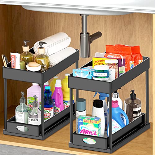 EARTHALL Under Sink Organizers And Storage, 2 Pack Sliding Cabinet Basket Organizer Drawers With Hooks And Bendable Brush, Under Bathroom Sink Organizer Cleaning Supplies Organizer
