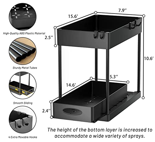EARTHALL Under Sink Organizers And Storage, 2 Pack Sliding Cabinet Basket Organizer Drawers With Hooks And Bendable Brush, Under Bathroom Sink Organizer Cleaning Supplies Organizer