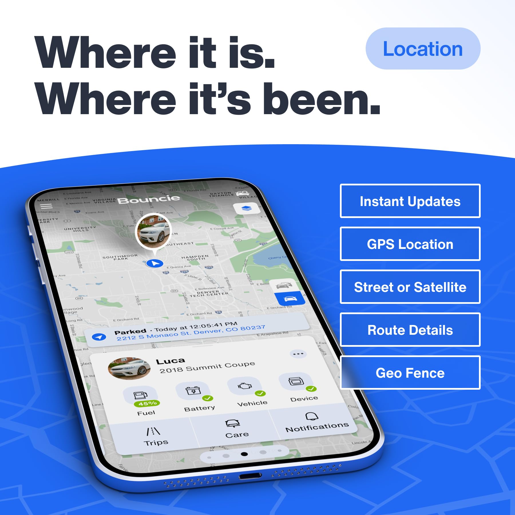 Bouncie - GPS Tracker for Vehicles, Vehicle Location, Route History, Speed Monitoring, Accident Notification, GeoFence, No Activation Fees, Cancel Anytime, Family and Fleets