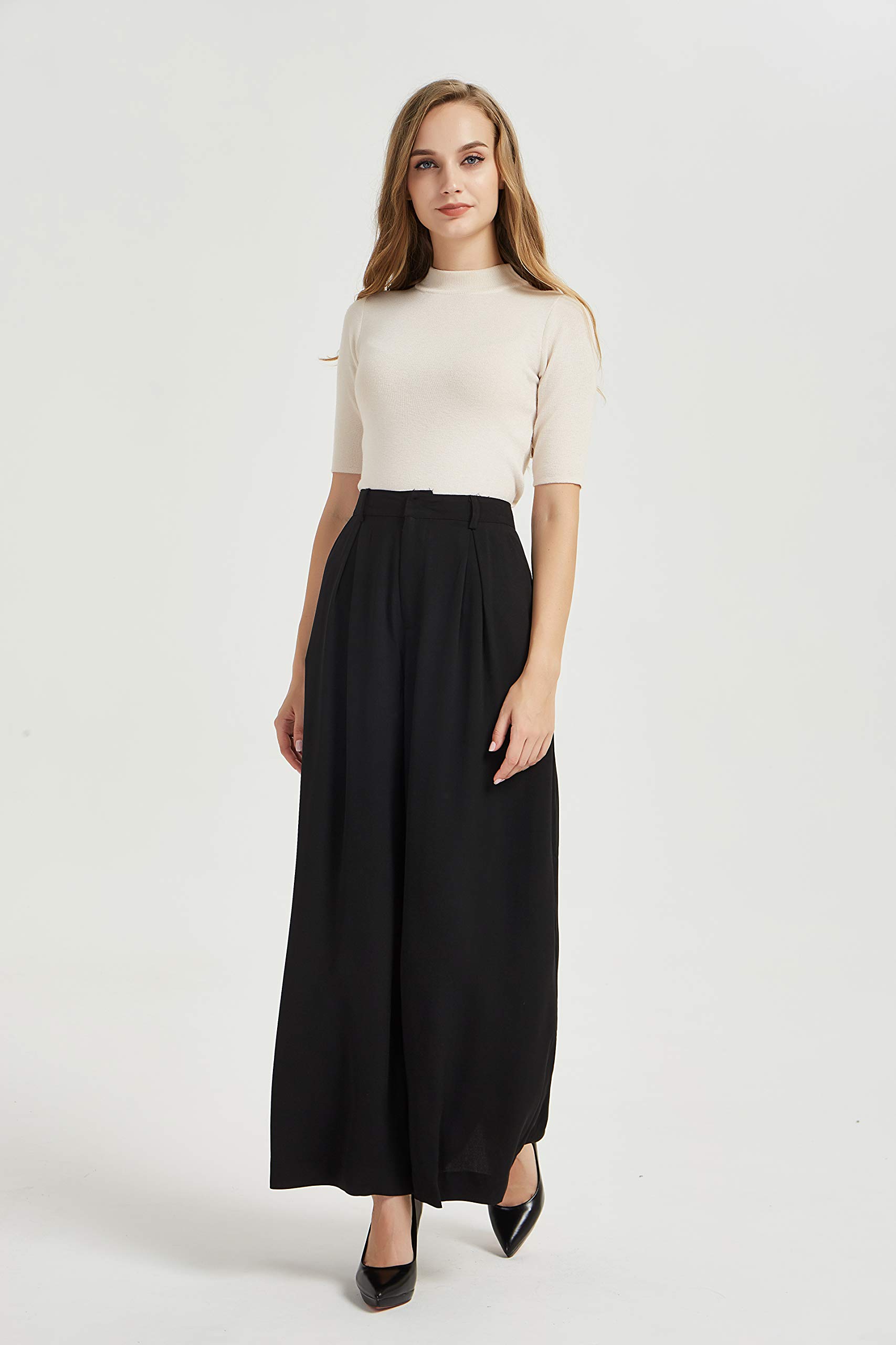 Tronjori Women High Waist Casual Wide Leg Long Palazzo Pants Trousers Regular Size(M, Black)