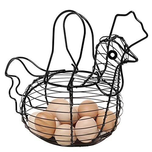 MyGift Black Metal Wire Egg Basket with Chicken Shape Design, Farm Fresh Egg Collecting Basket, Decorative Farmhouse Kitchen Storage Baskets