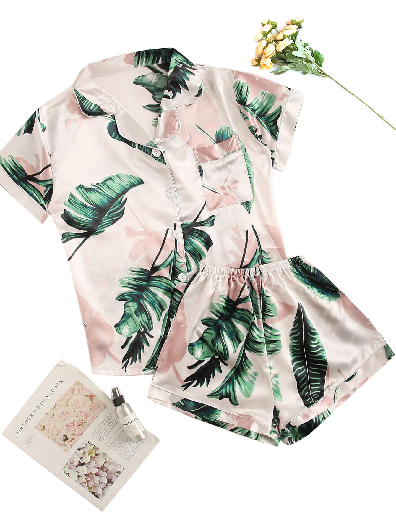 Floerns Women's Notch Collar Print Sleepwear Two Piece Pajama Set A Multi Print M