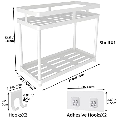 FLE Under Sink Organizer, 2 Tier Metal Under Bathroom Sink Storage Baskets with Hooks, Self Adhesive White Under Sink Shelf Organizer for Bathroom Kitchen