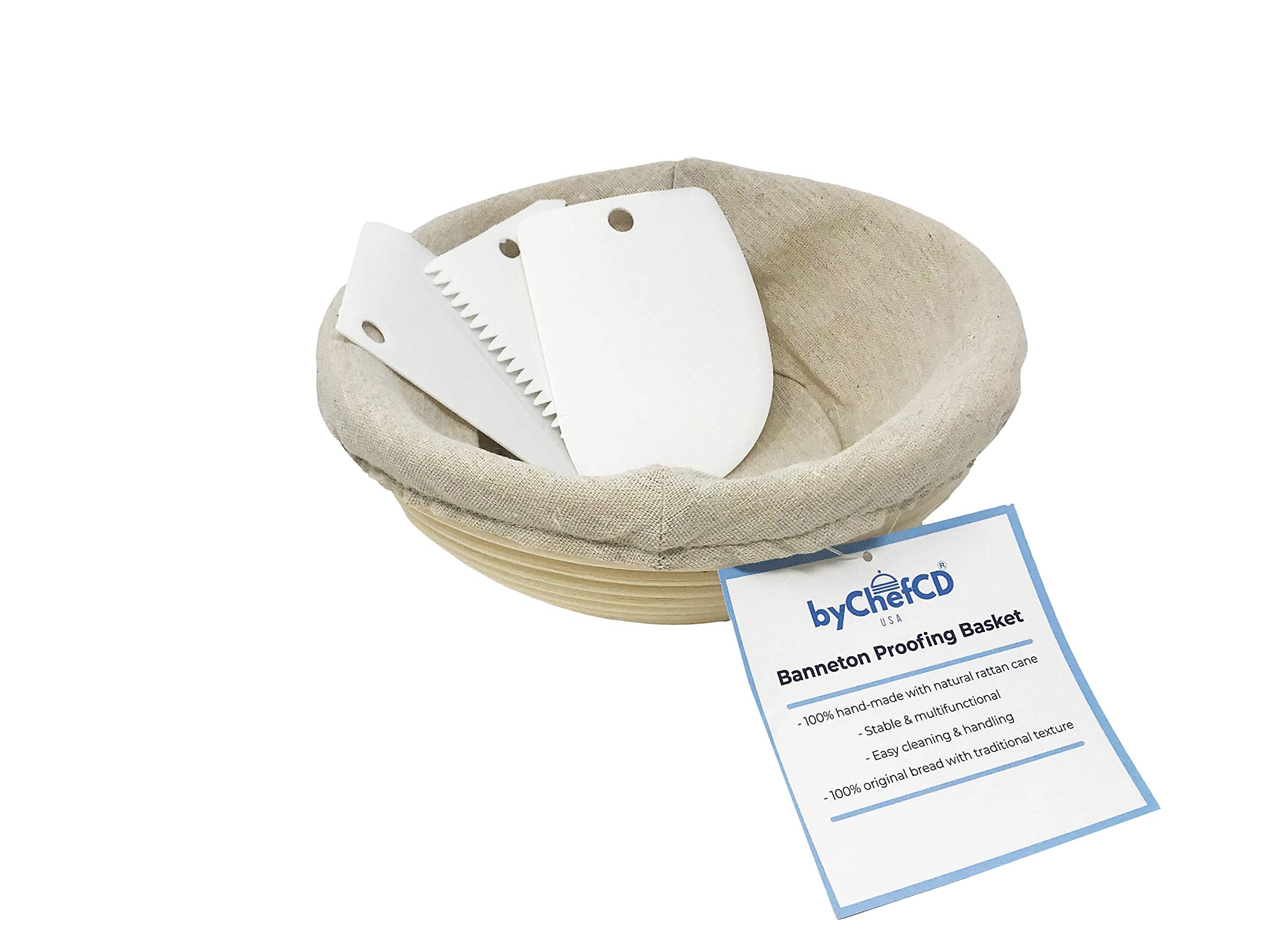 9 Inch Round Bread Basket Proofing Set- Banneton Bread Proofing Basket + Cloth Liner + Bowl Scraper + Smoother. For Home Bakers and Professionals- Great for Sourdough Starter ByChefCD