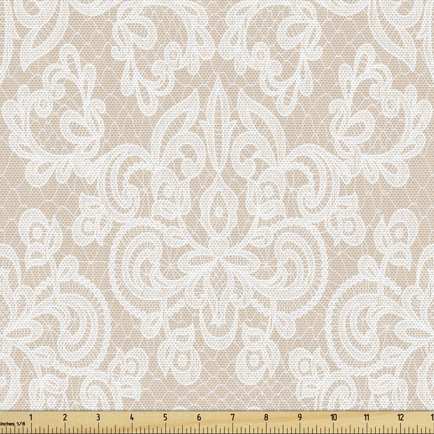 Lunarable Damask Fabric by The Yard, Wedding Inspired Symmetrical Design White Lace Style Background Pattern Vintage, Decorative Fabric for Upholstery and Home Accents, 1 Yard, White Tan