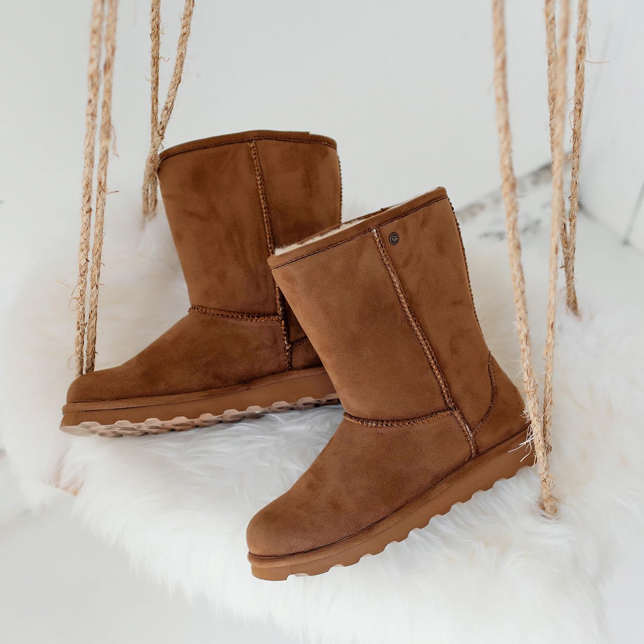 BEARPAW Women's Elle Short Vegan Hickory Size 10 | Women's Boot Classic Suede | Women's Slip On Boot | Comfortable Winter Boot