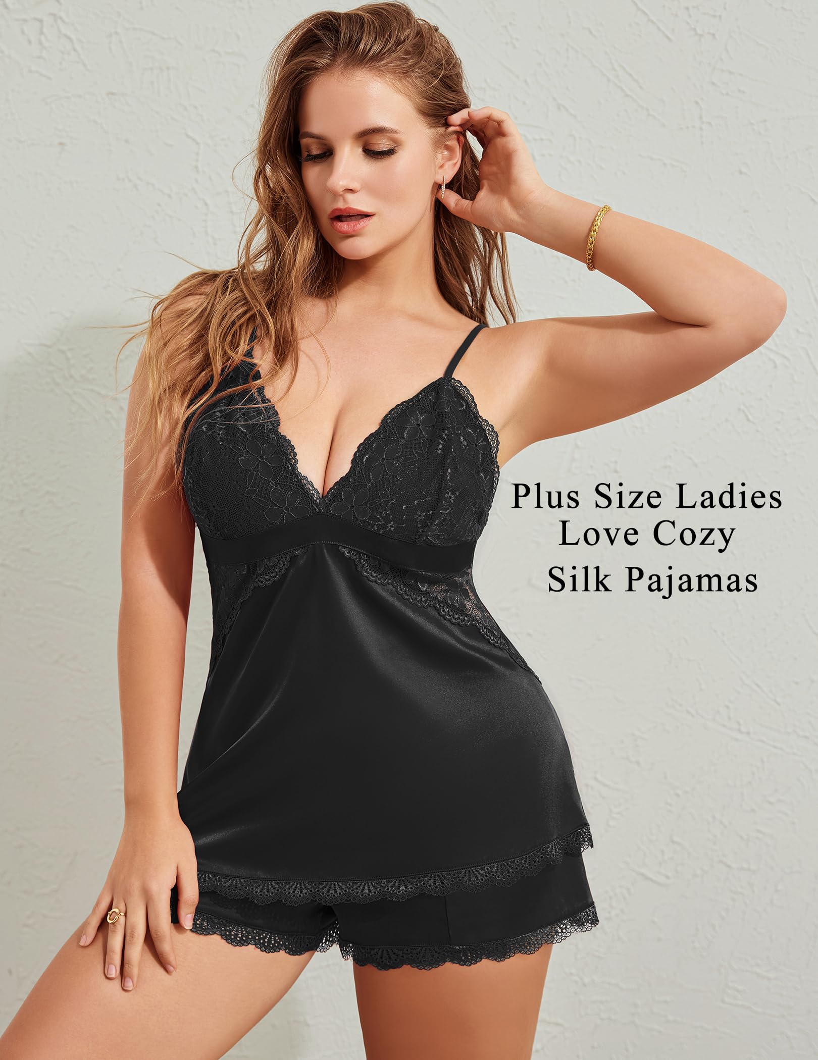 Avidlove Sexy Pajamas Set Women's V-Neck Sleeveless Sleepwear PJ Set Soft Lace Cami Set with Short Black XXL