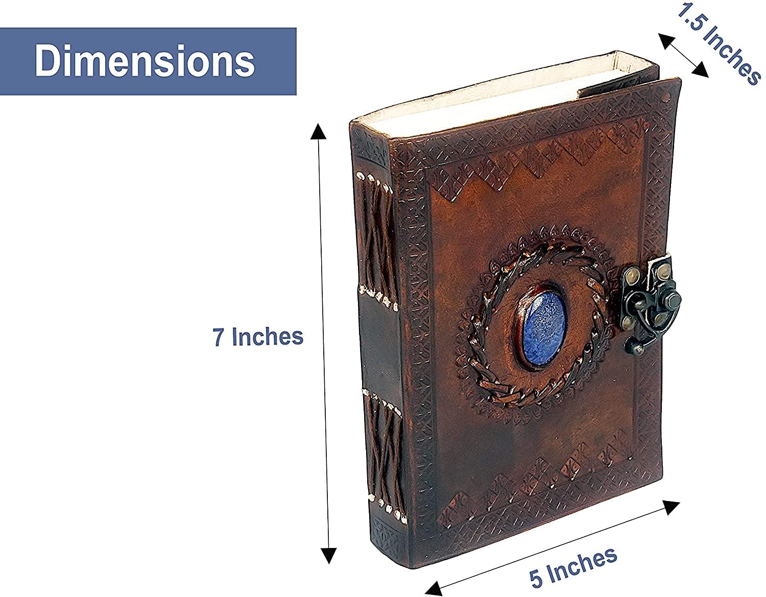 Antique Leather Journal, Leather Bound Writing pad, Blue Stone Embossed Blank Unlined Paper Notebook for Travel, Office, Thoughts, Sketching with Clasp, Vintage Gift for Men and Women Brown 7X5 Inches