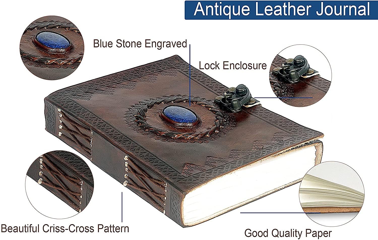 Antique Leather Journal, Leather Bound Writing pad, Blue Stone Embossed Blank Unlined Paper Notebook for Travel, Office, Thoughts, Sketching with Clasp, Vintage Gift for Men and Women Brown 7X5 Inches