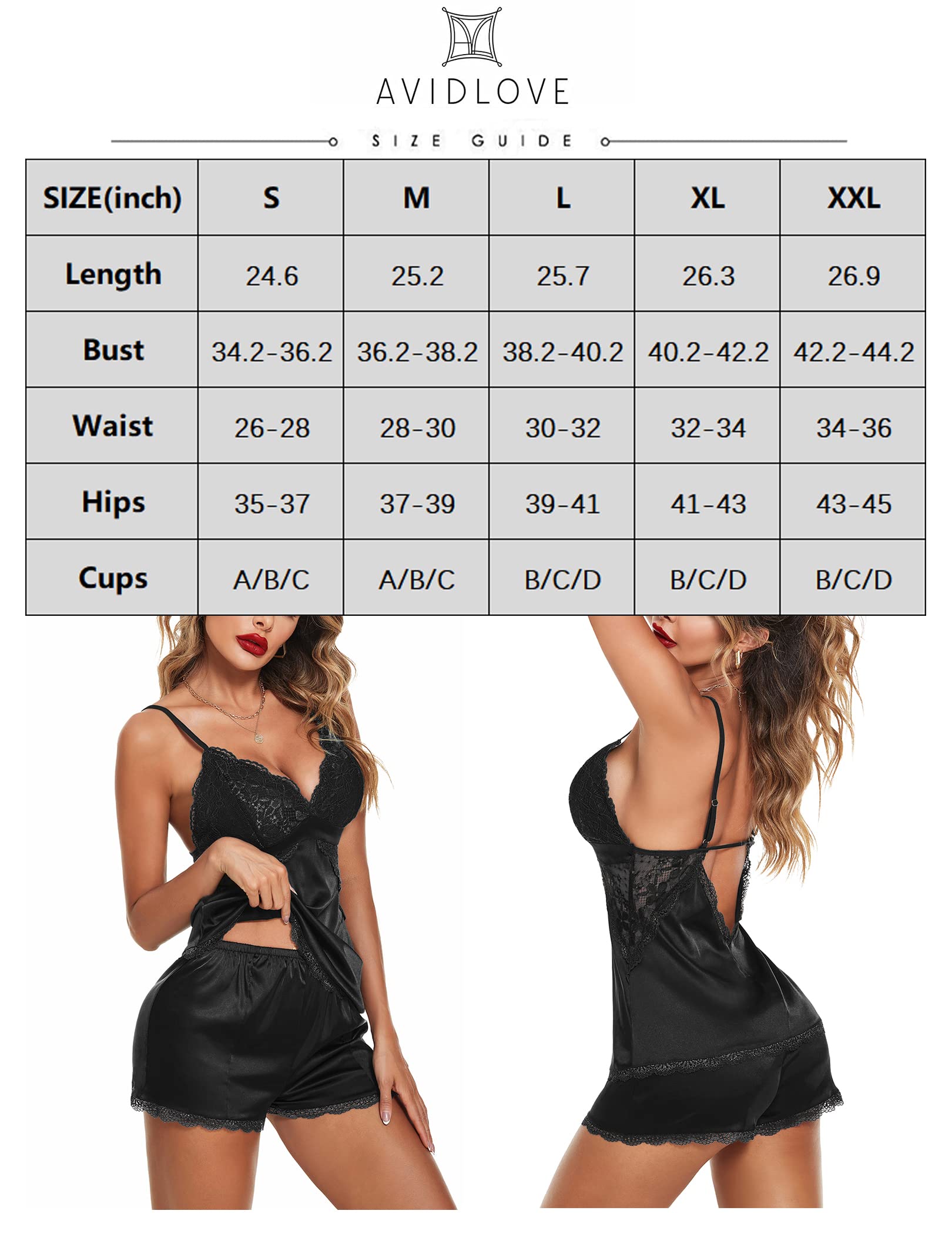 Avidlove Sexy Pajamas Set Women's V-Neck Sleeveless Sleepwear PJ Set Soft Lace Cami Set with Short Black XXL