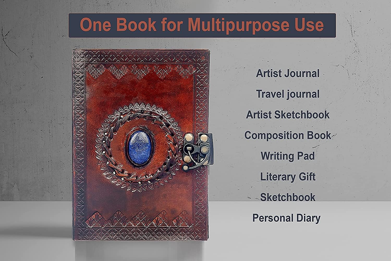 Antique Leather Journal, Leather Bound Writing pad, Blue Stone Embossed Blank Unlined Paper Notebook for Travel, Office, Thoughts, Sketching with Clasp, Vintage Gift for Men and Women Brown 7X5 Inches