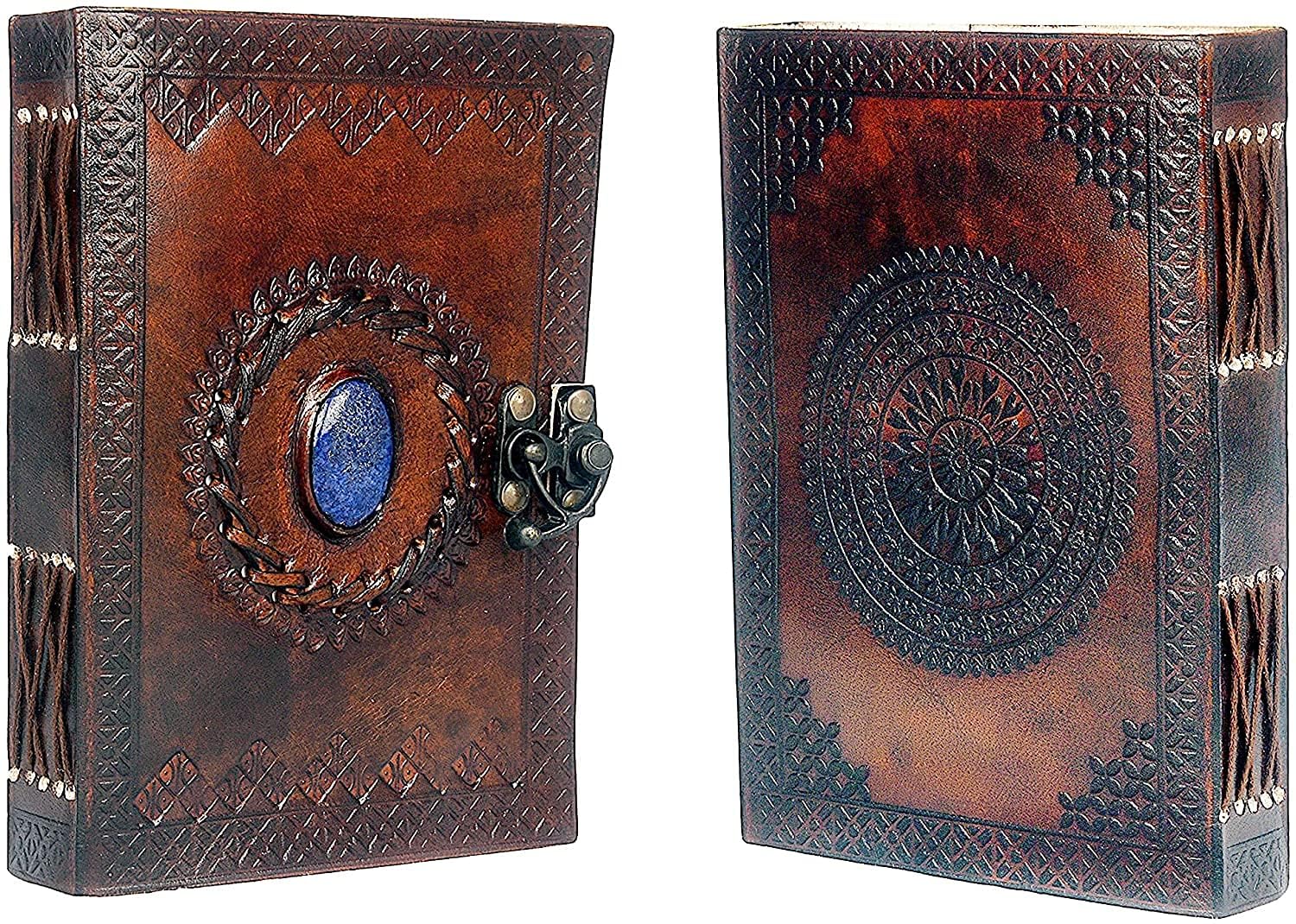 Antique Leather Journal, Leather Bound Writing pad, Blue Stone Embossed Blank Unlined Paper Notebook for Travel, Office, Thoughts, Sketching with Clasp, Vintage Gift for Men and Women Brown 7X5 Inches