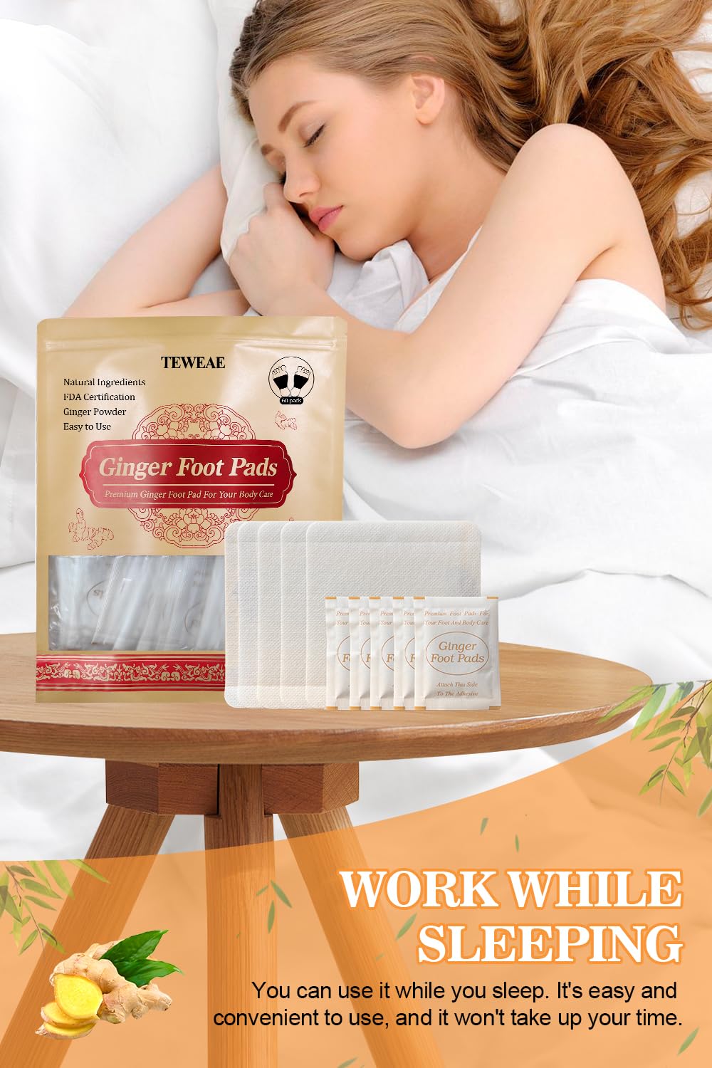 TEWEAE Foot Pads - 60Pads Pure Natural Ginger Powde Bamboo Vinegar Pads, Goodnight Foot Pads for Travel or Home Use