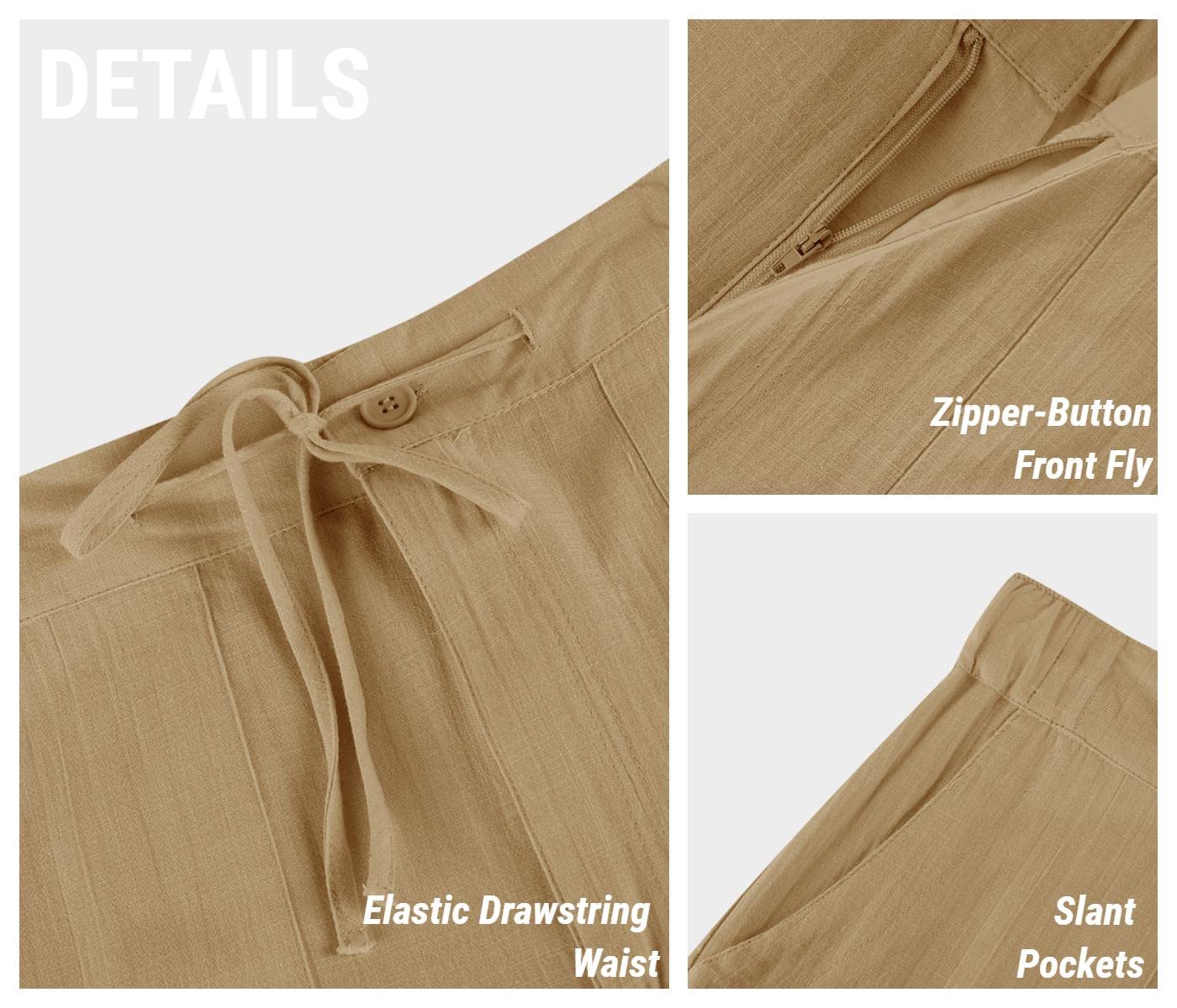 PASLTER Mens Casual Linen Pants Loose Fit Straight-Legs Elastic Drawstring Waist Summer Beach Long Pant