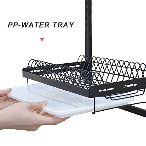Kitchen Dish Rack,Hanging Drying Plate Organizer Storage Shelf over the Sink,junyuan 2 Tier Wall Mount Bowl Holder with Drain Tray With 3 Hooks,Stainless Steel Black Coating (2 Tier, 16)