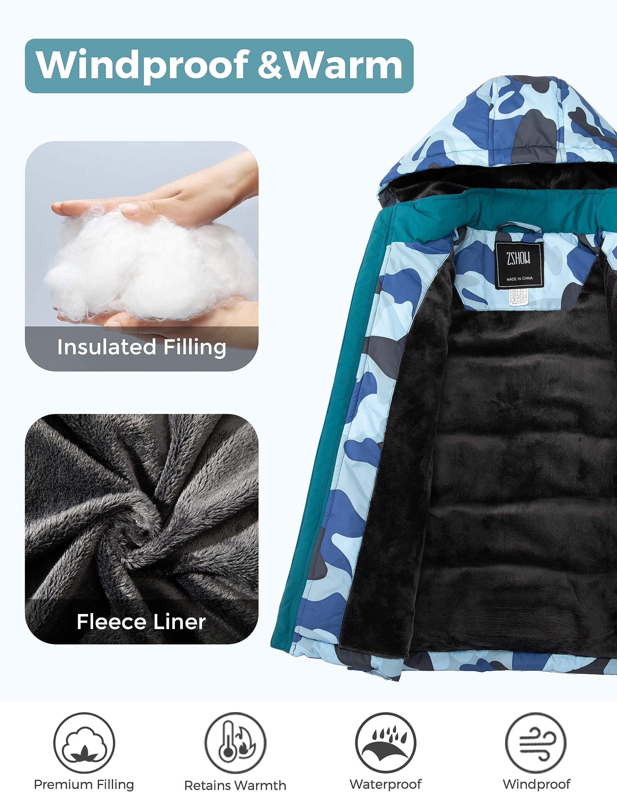 ZSHOW Boys' Light Puffer Jacket Hooded Fleece Lined Outerwear Coat(Blue Camouflage,14-16)