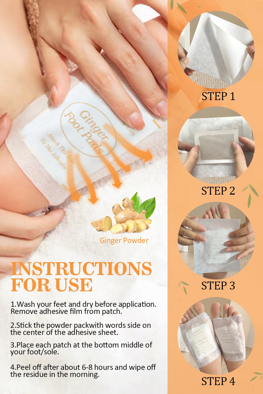 TEWEAE Foot Pads - 60Pads Pure Natural Ginger Powde Bamboo Vinegar Pads, Goodnight Foot Pads for Travel or Home Use