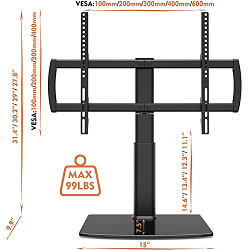 Universal Swivel TV Stand/Base Table Top TV Stand 32 to 70 inch TVs 80 Degree Swivel, 4 Level Height Adjustable, Heavy Duty Tempered Glass Base, Holds up to 88lbs Screens, HT04B-002U