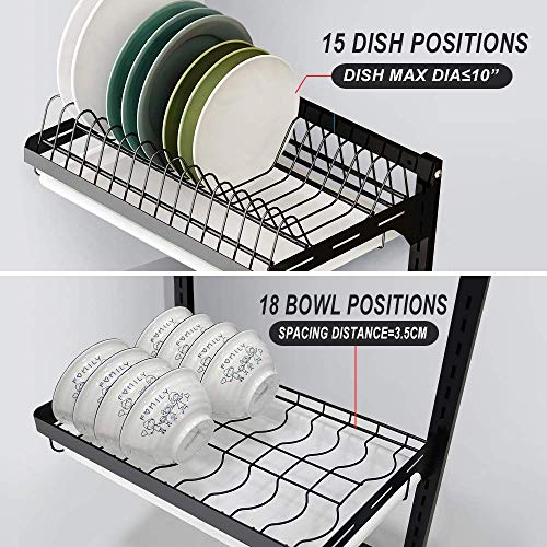 Kitchen Dish Rack,Hanging Drying Plate Organizer Storage Shelf over the Sink,junyuan 2 Tier Wall Mount Bowl Holder with Drain Tray With 3 Hooks,Stainless Steel Black Coating (2 Tier, 16)