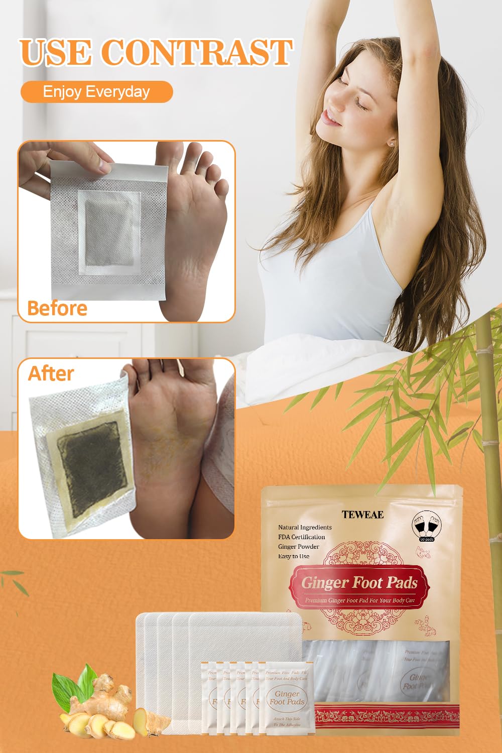 TEWEAE Foot Pads - 60Pads Pure Natural Ginger Powde Bamboo Vinegar Pads, Goodnight Foot Pads for Travel or Home Use