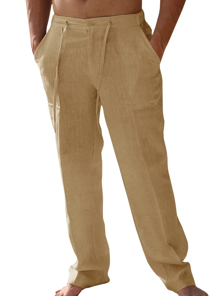 PASLTER Mens Casual Linen Pants Loose Fit Straight-Legs Elastic Drawstring Waist Summer Beach Long Pant