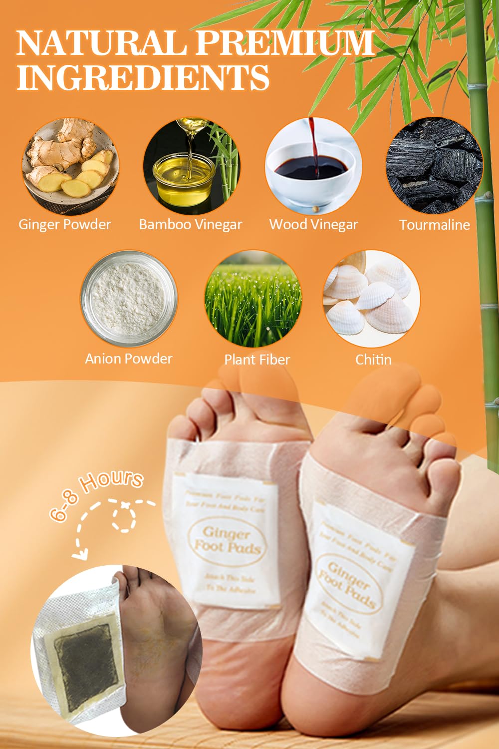 TEWEAE Foot Pads - 60Pads Pure Natural Ginger Powde Bamboo Vinegar Pads, Goodnight Foot Pads for Travel or Home Use