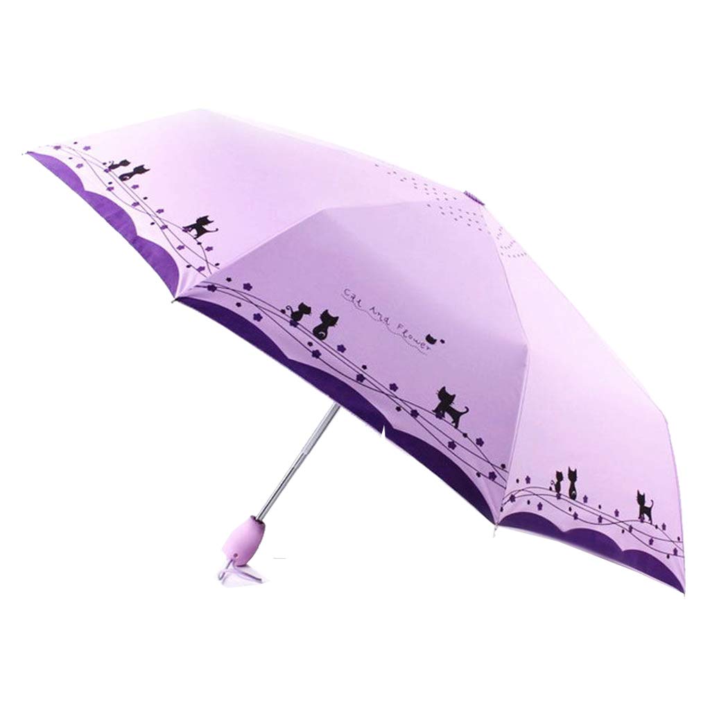 umbresen Windproof Compact Travel Folding Cute Cat Umbrella,Auto Open Close Rain&Sun Lightweight Portable Umbrellas with Cover for Kids Women Men (Purple)